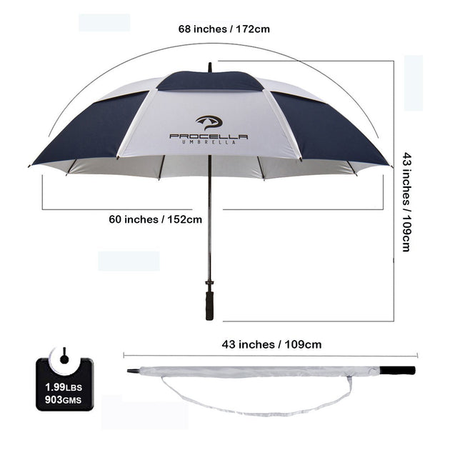 68" Windproof XL Golf Umbrella Double Vented Canopy Wind-Tested 46 mil ...